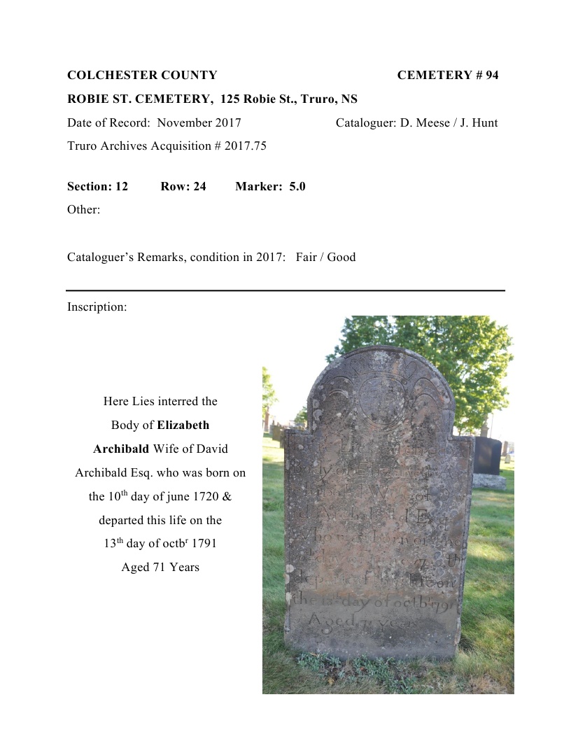 ARCHIBALD, Elizabeth | Truro Cemetery