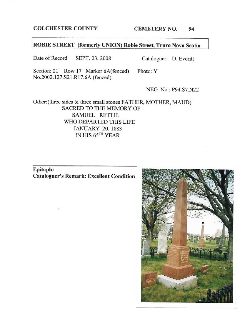 RETTIE, Samuel | Truro Cemetery