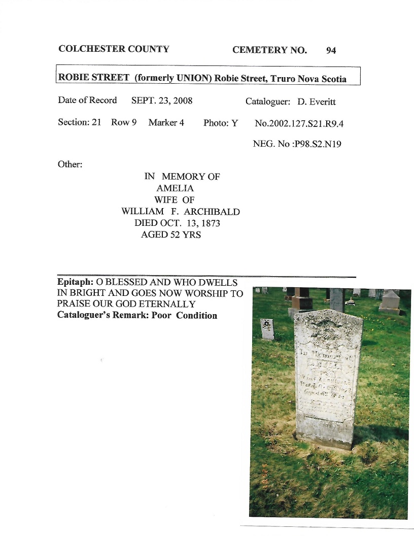 ARCHIBALD, Amelia | Truro Cemetery