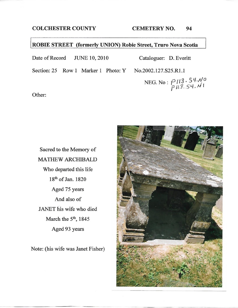 ARCHIBALD, Mathew, Janet Fisher (table) | Truro Cemetery