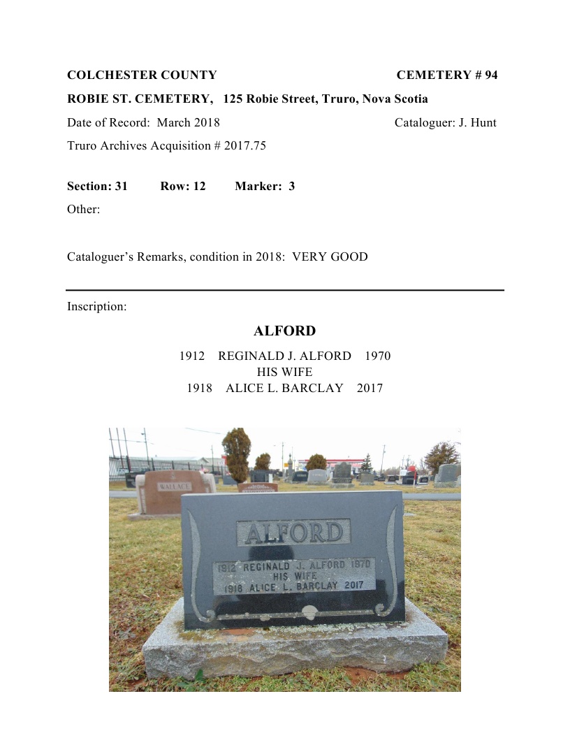 ALFORD, Reginald, Alice | Truro Cemetery