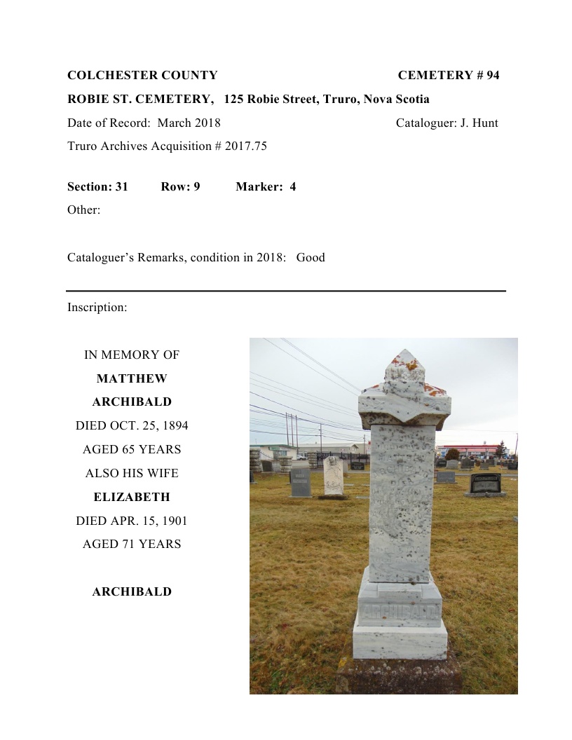 ARCHIBALD, Matthew, Elizabeth | Truro Cemetery