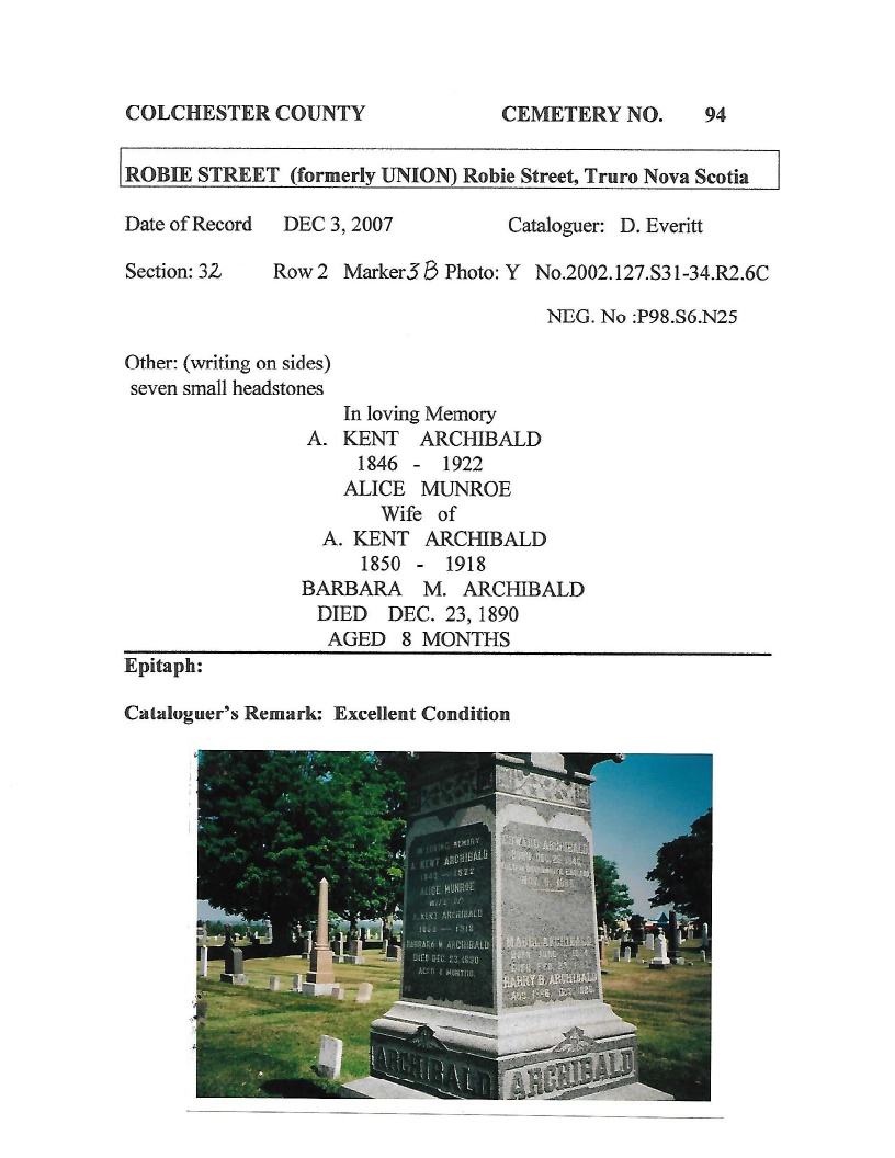 ARCHIBALD, Kent, Alice Munroe, Barbara | Truro Cemetery