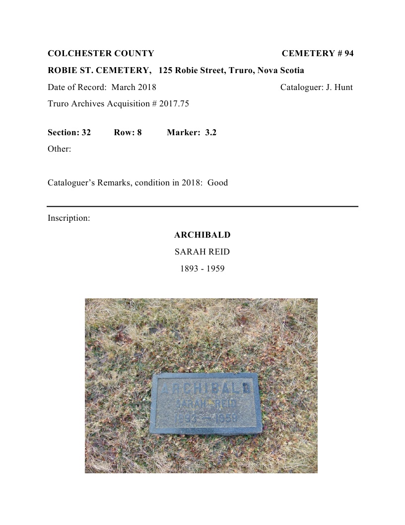 ARCHIBALD, Sarah Reid | Truro Cemetery