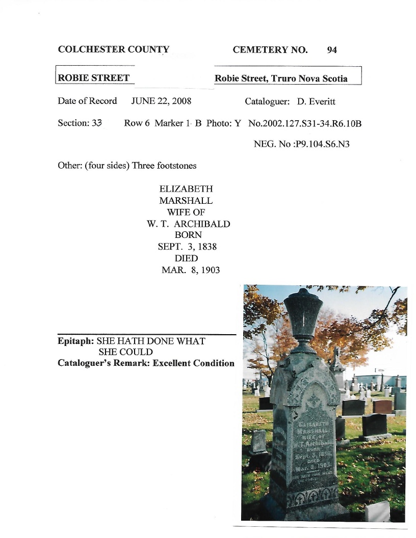 ARCHIBALD, Elizabeth Marshall | Truro Cemetery