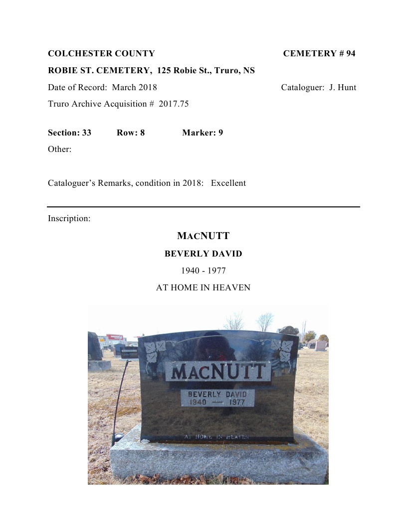 MacNUTT, Beverly David | Truro Cemetery