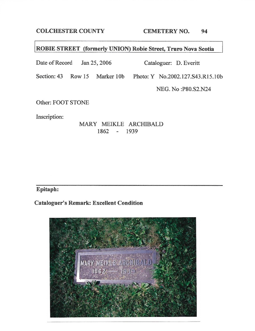 ARCHIBALD, Mary Meikle | Truro Cemetery