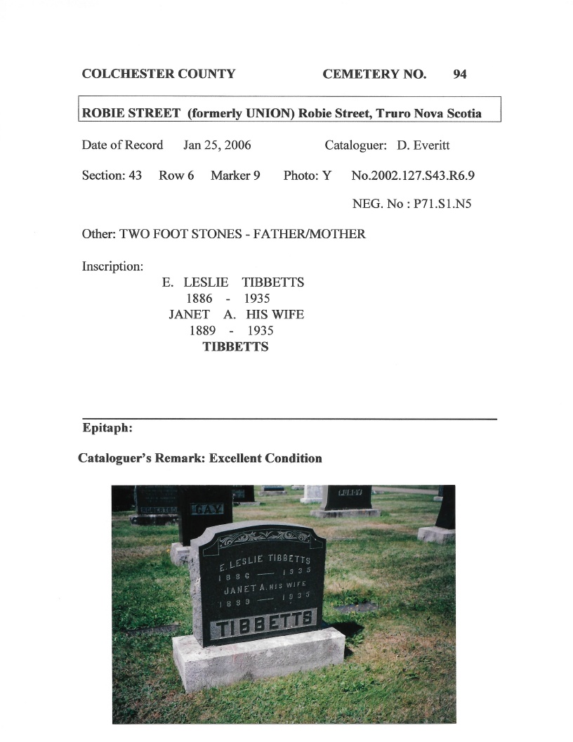 TIBBETTS, Leslie, Janet | Truro Cemetery