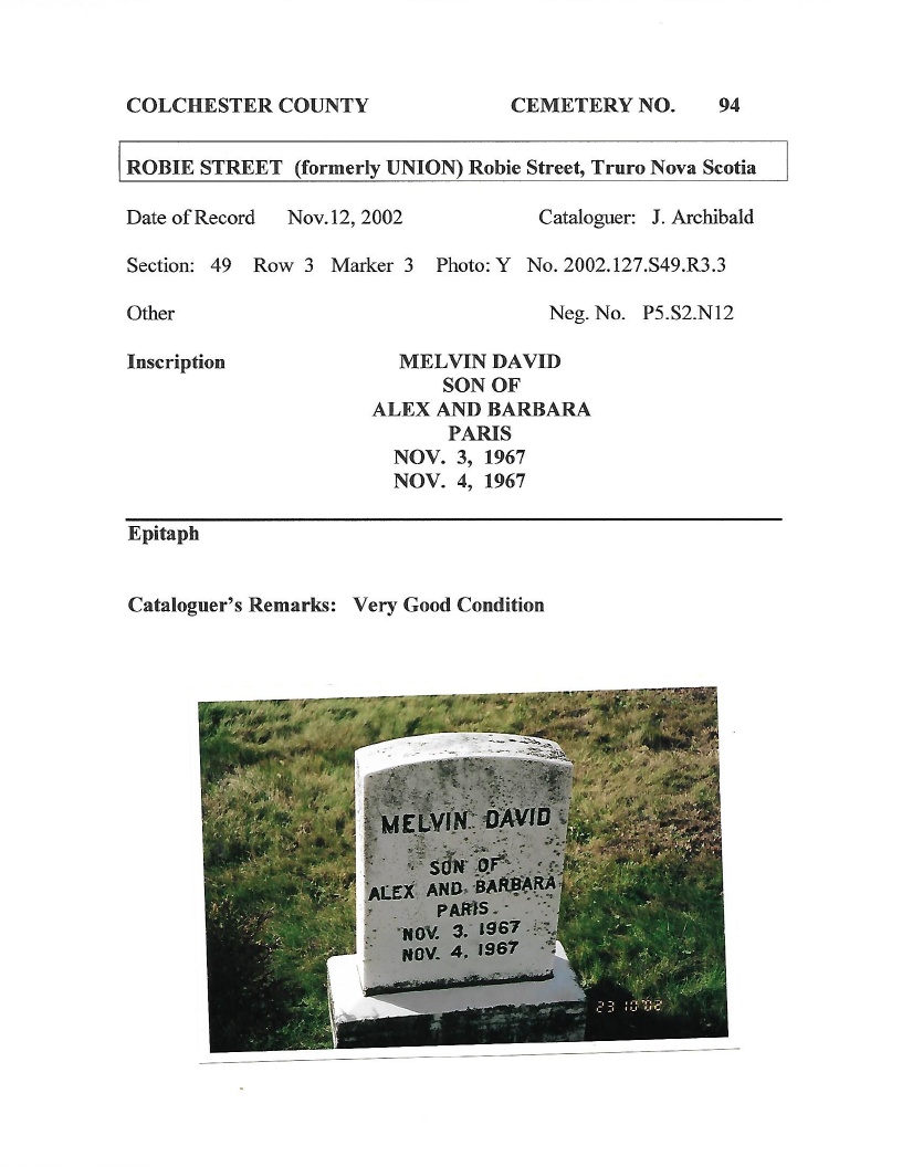 PARIS, Melvin David | Truro Cemetery