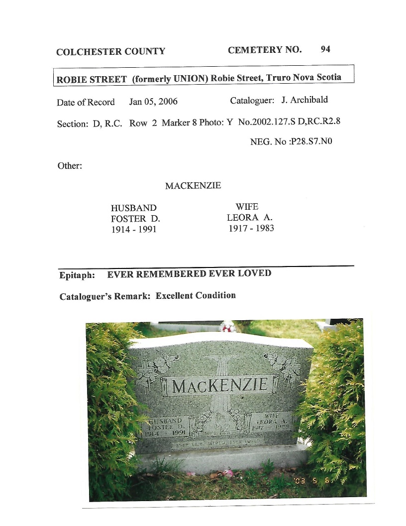 MacKENZIE, Foster, Leora | Truro Cemetery