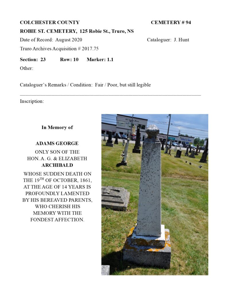 ARCHIBALD, Adams George Jr. | Truro Cemetery