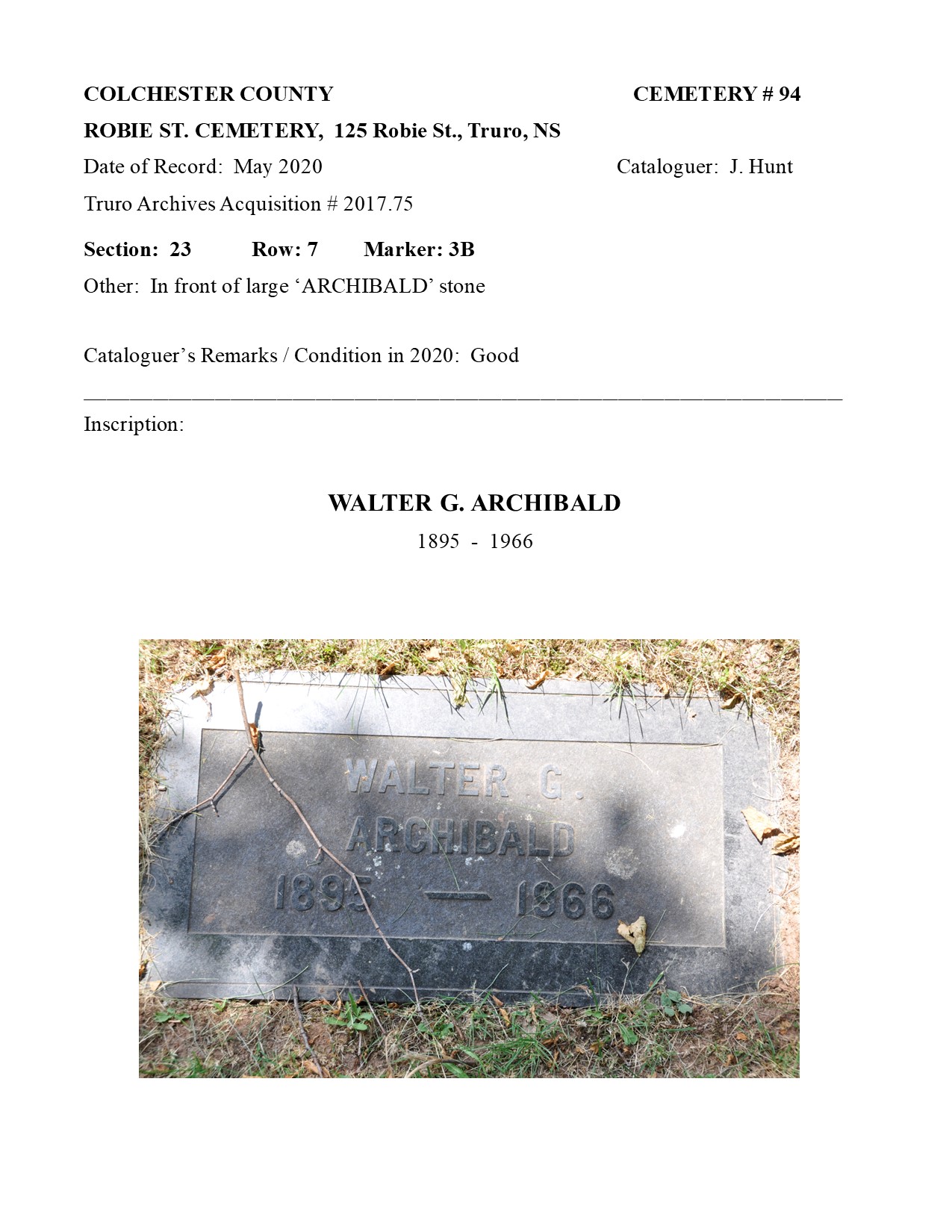 ARCHIBALD, Walter | Truro Cemetery