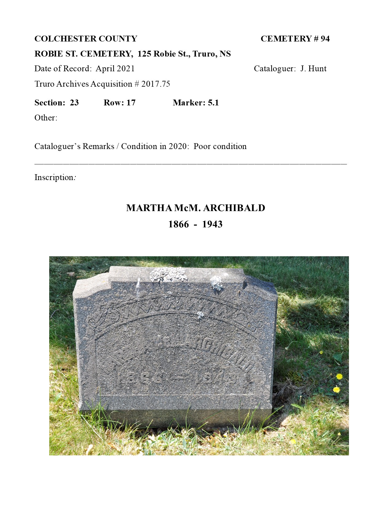 ARCHIBALD, Martha | Truro Cemetery