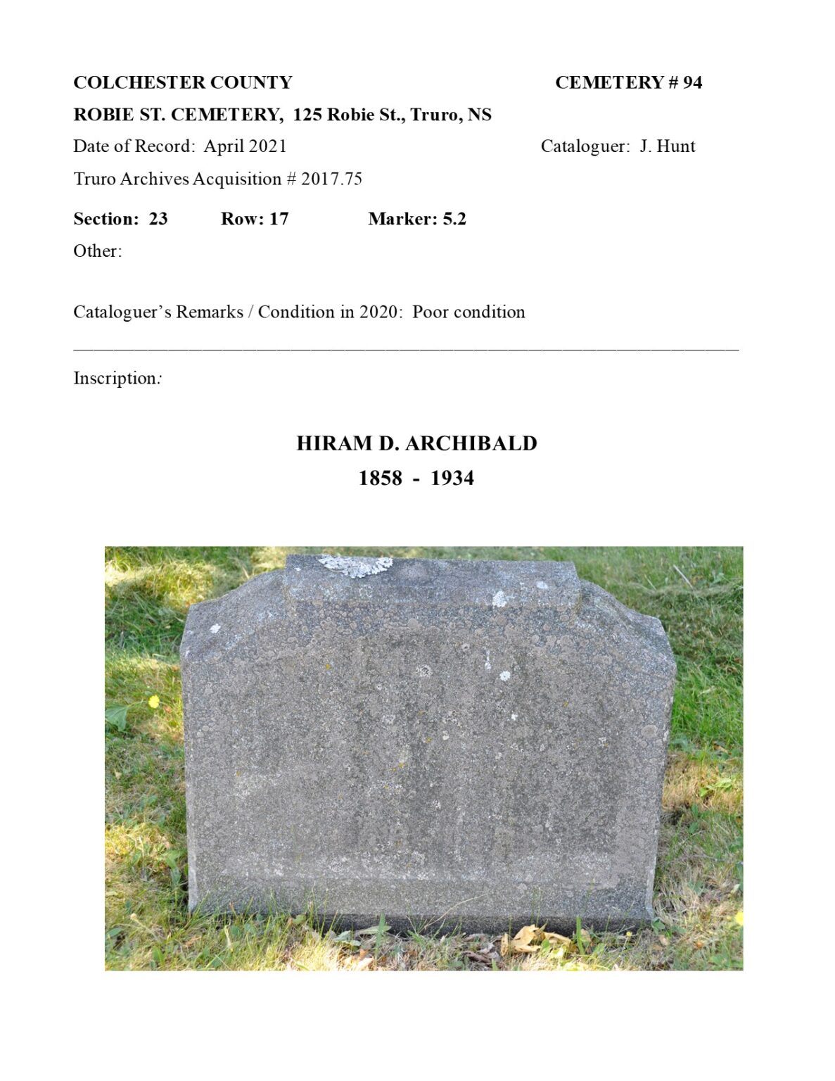 ARCHIBALD, Hiram | Truro Cemetery