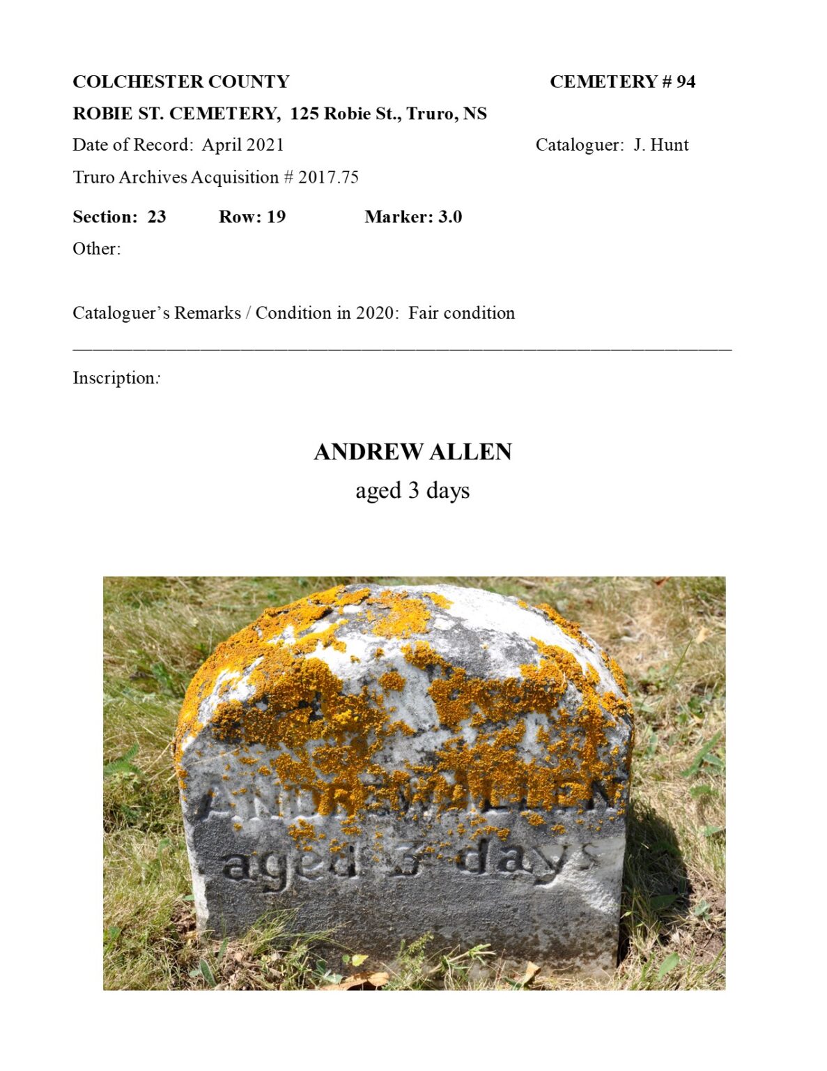 ALLEN, Andrew | Truro Cemetery