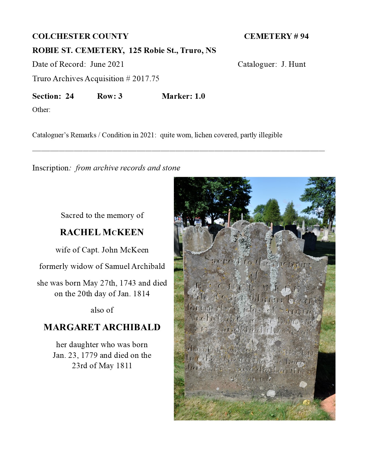 McKEEN, Rachel, Margaret Archibald | Truro Cemetery