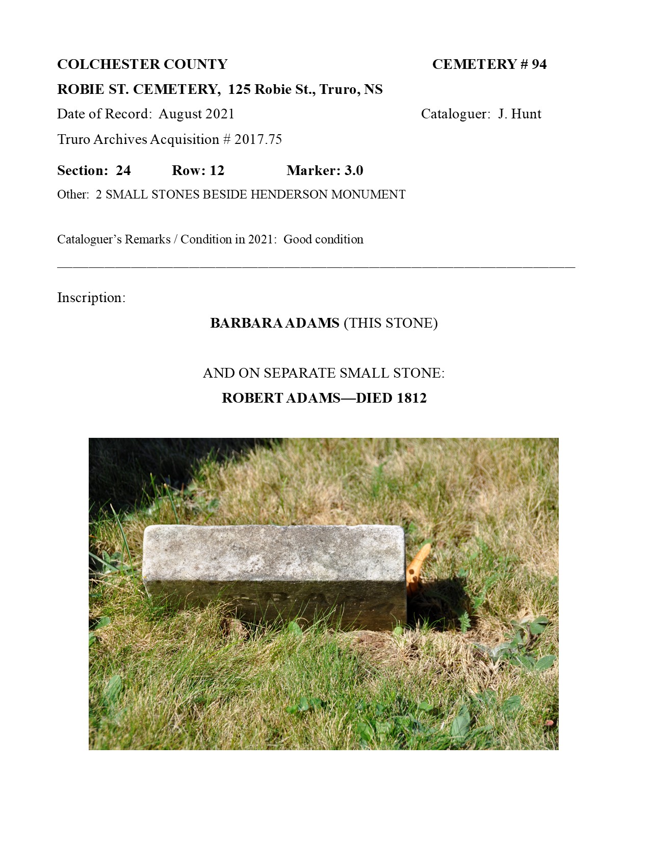 ADAMS, Barbara, Robert | Truro Cemetery