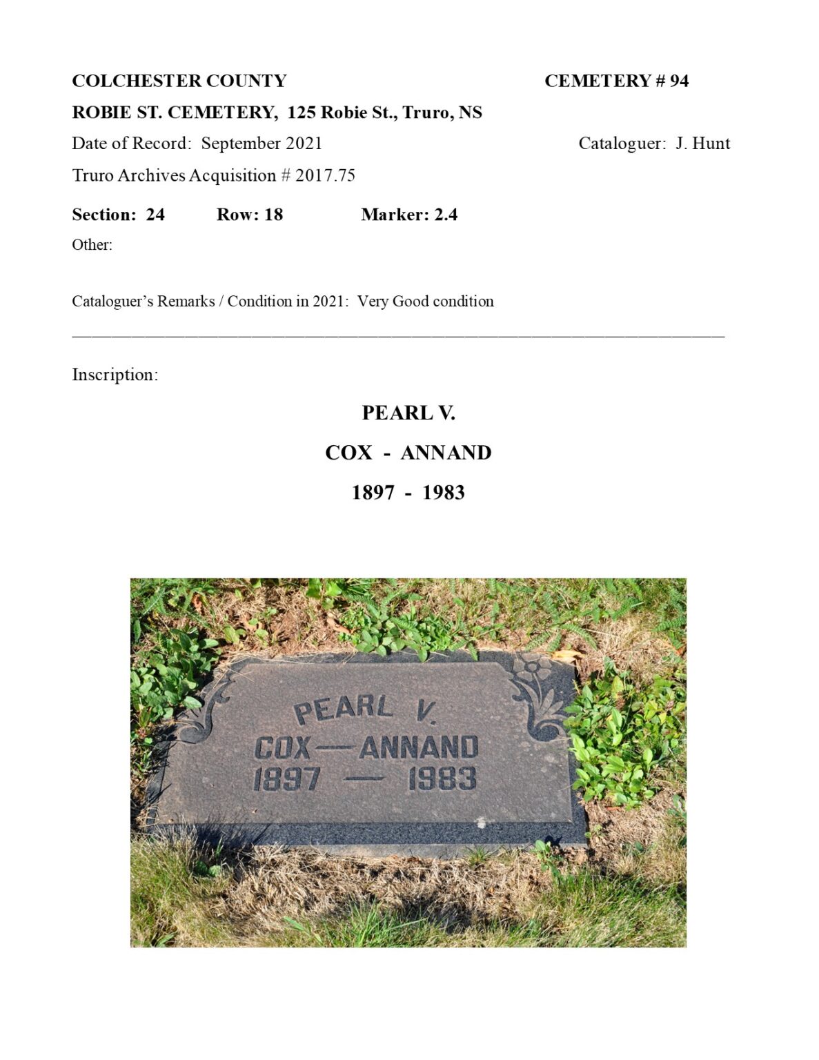 ANNAND, Pearl Cox | Truro Cemetery