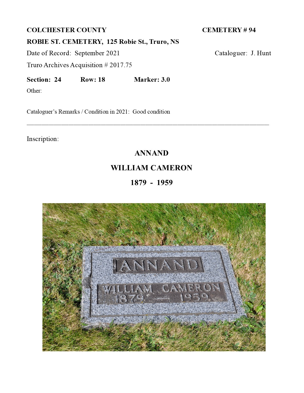 ANNAND, William Cameron | Truro Cemetery