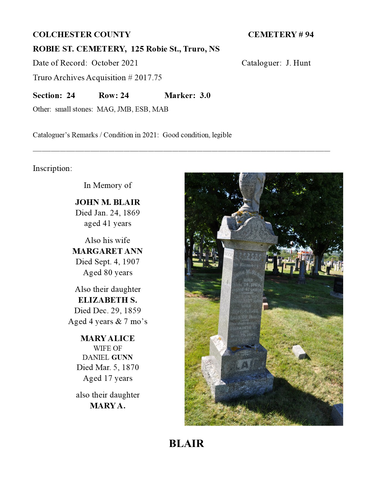BLAIR, John, Margaret, Elizabeth, Mary Alice Gunn | Truro Cemetery