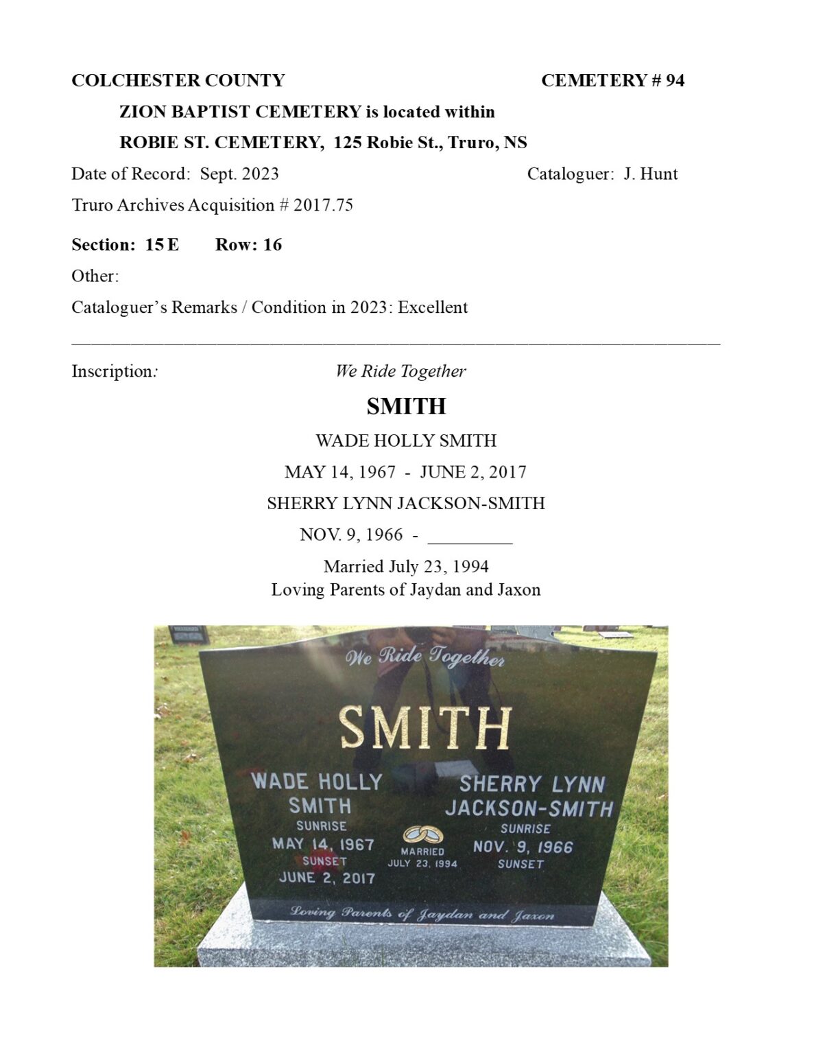 SMITH, Wade Holly, Sherry Lynn Jackson | Truro Cemetery